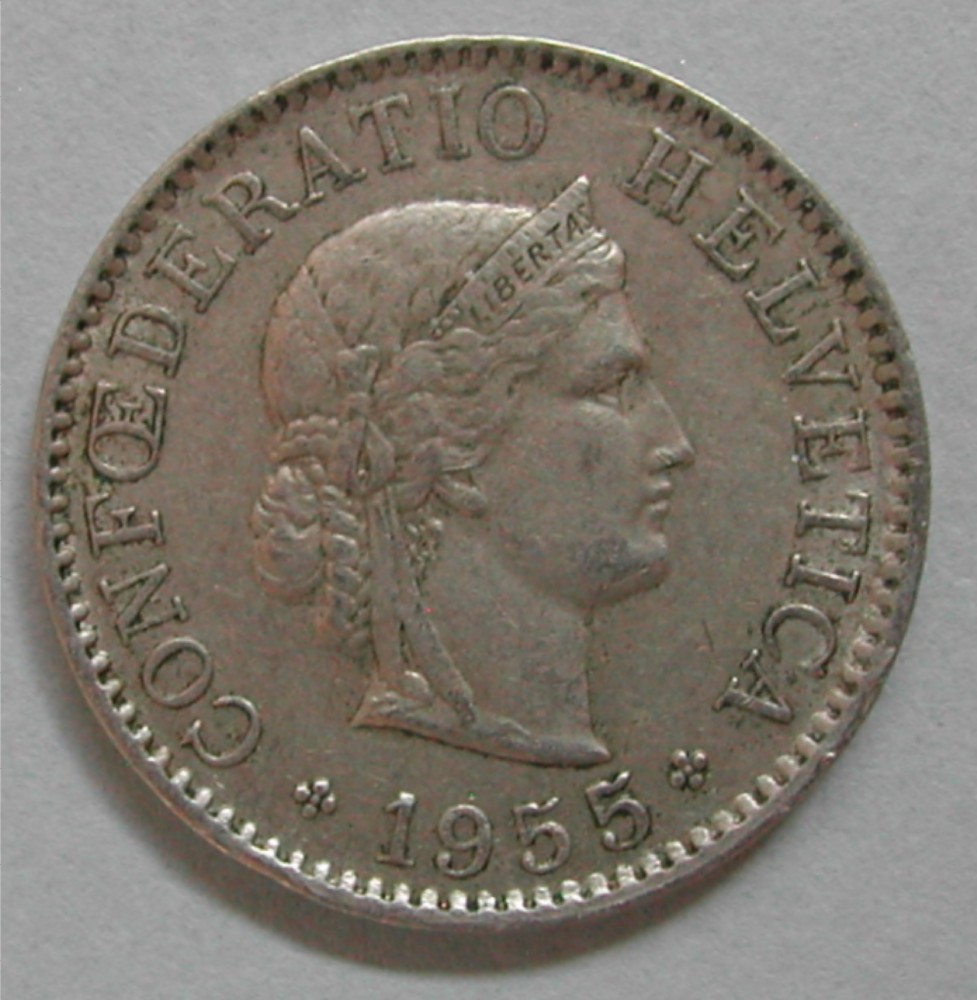5 RAPPEN 1955, CuNi, ABART: ca 45° verdreht + St. Riss AS,ss ...