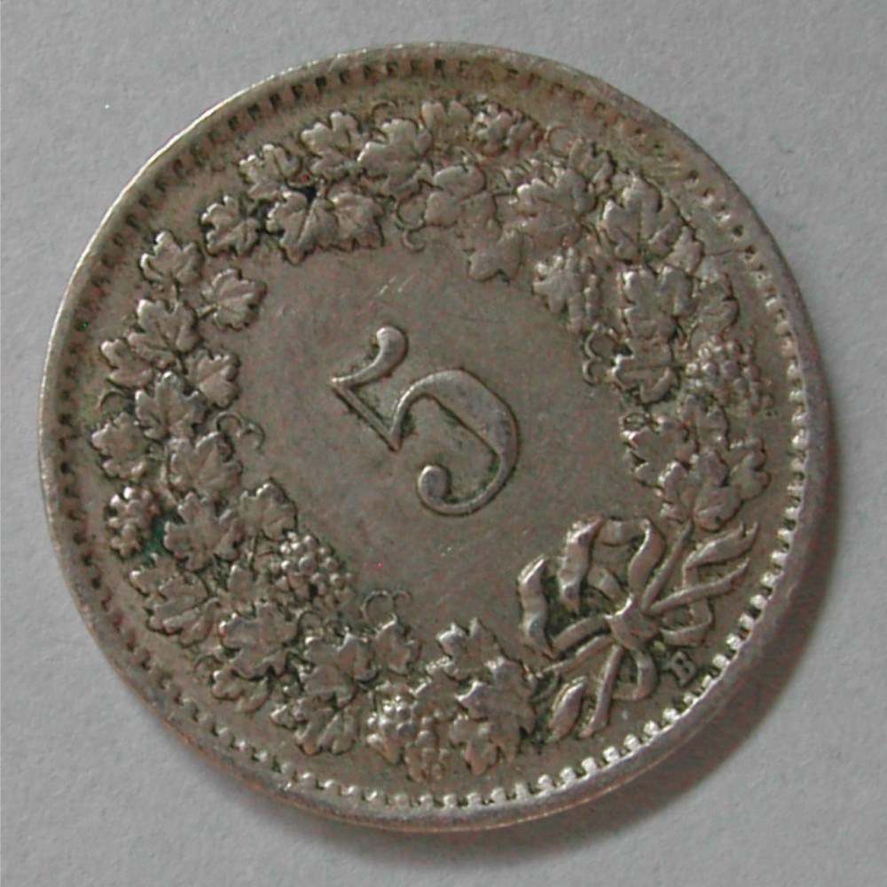 5 RAPPEN 1955, CuNi, ABART: ca 45° verdreht + St. Riss AS,ss ...