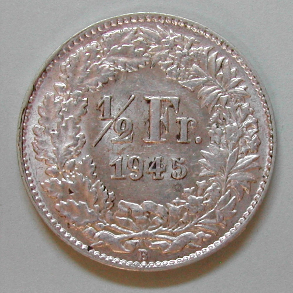 ½ FRANKEN 1945 B, SILBER, ss+, ABART: Gez. Stempel RS + St. Riss AS ...